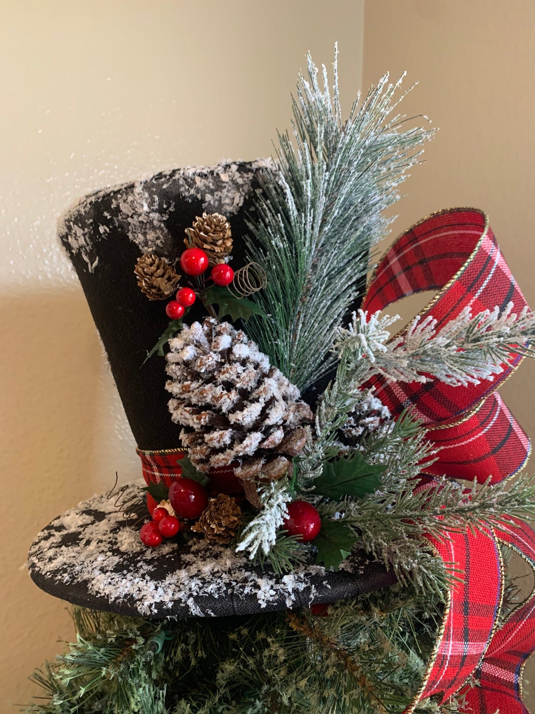 Black Christmas Snowman Top Hat, Christmas Tree Topper, Tree Topper Bow ...