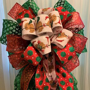 Extra Large Teddy Bear Tree Topper Bow - Red and Green Christmas Tree ...
