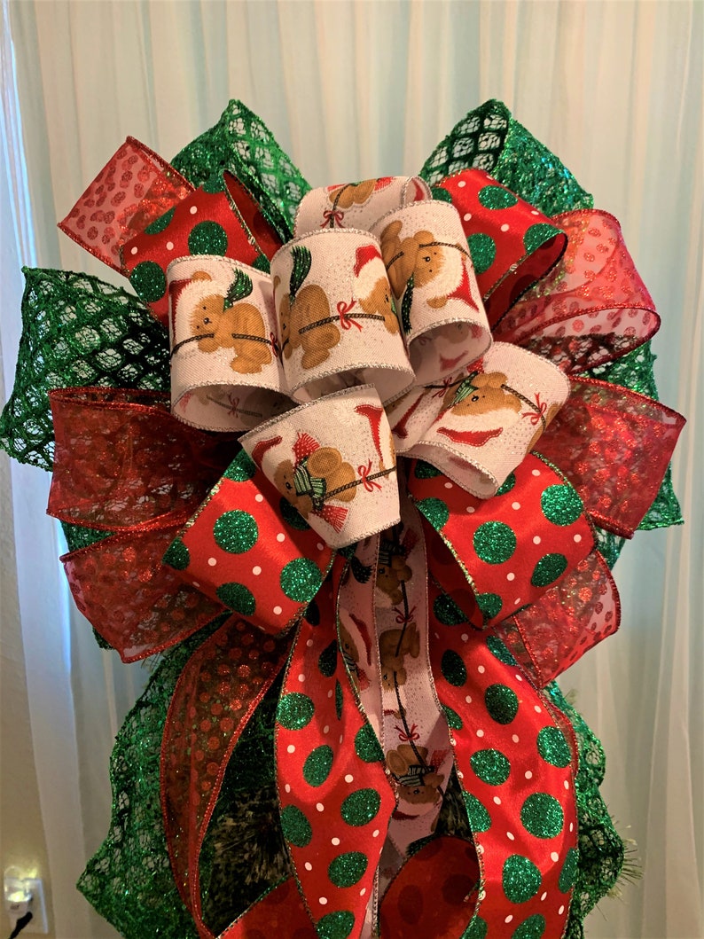 Extra Large Teddy Bear Tree Topper Bow Red and Green - Etsy