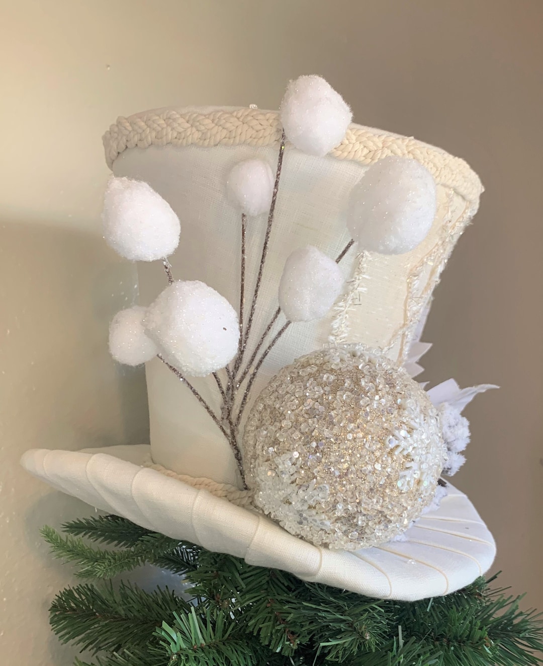 Ivory Christmas Tree Topper Top Hat, Ivory and Gold Tree Topper ...