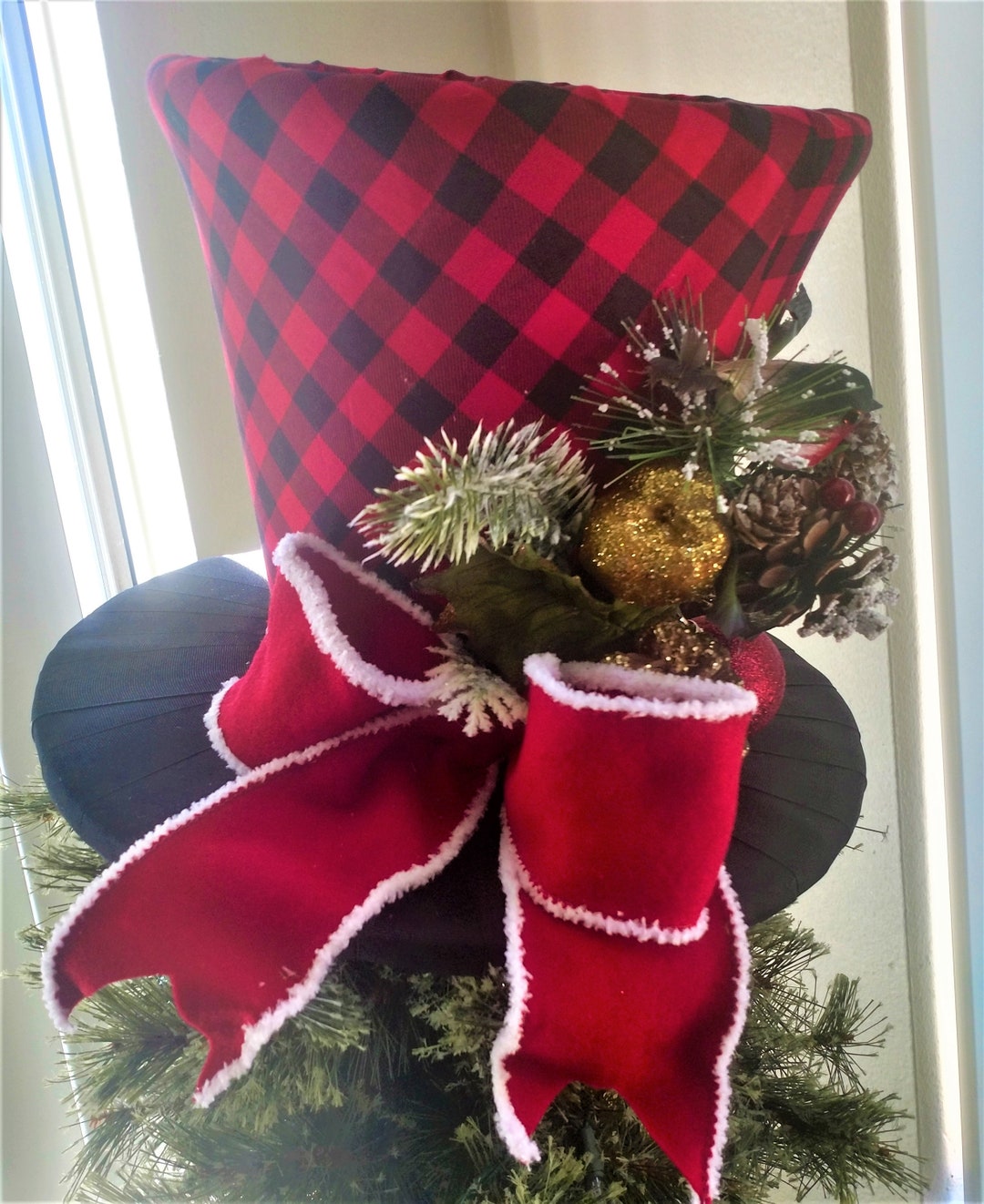 Red and Black Plaid Tree Topper, Christmas Tree Topper, Top Hat Tree ...