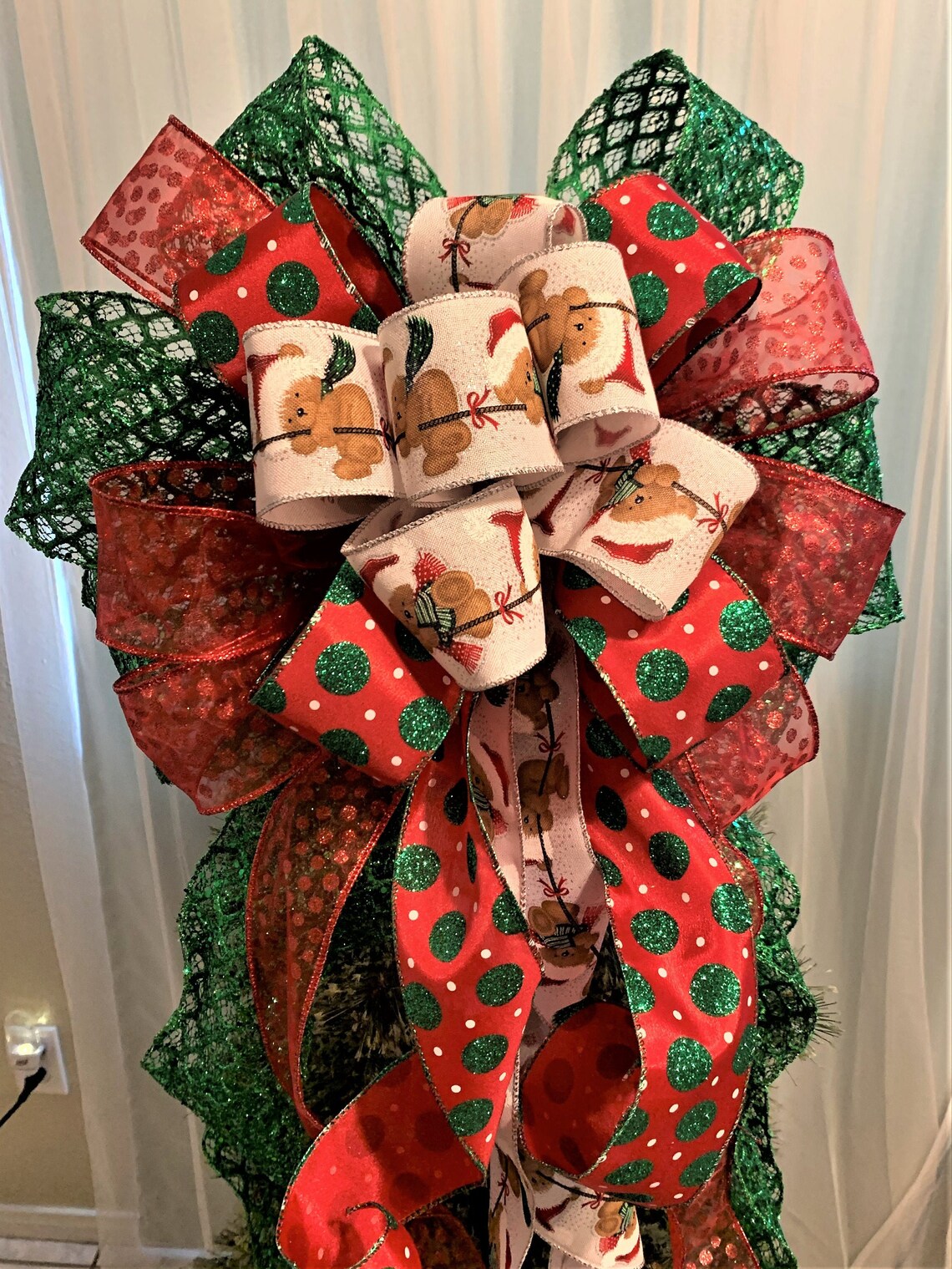 Extra Large Teddy Bear Tree Topper Bow Red and Green - Etsy