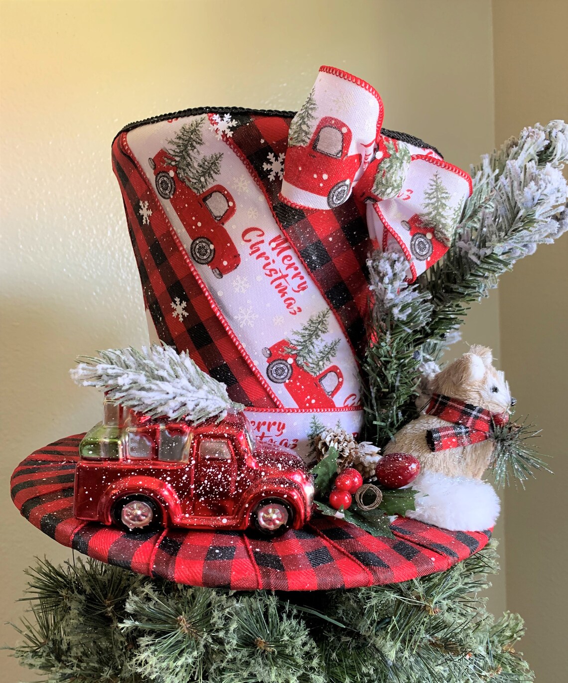 Red Truck Tree Topper Top Hat Red and Black Checkered - Etsy