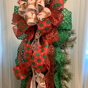 Extra Large Teddy Bear Tree Topper Bow - Red and Green Christmas Tree ...