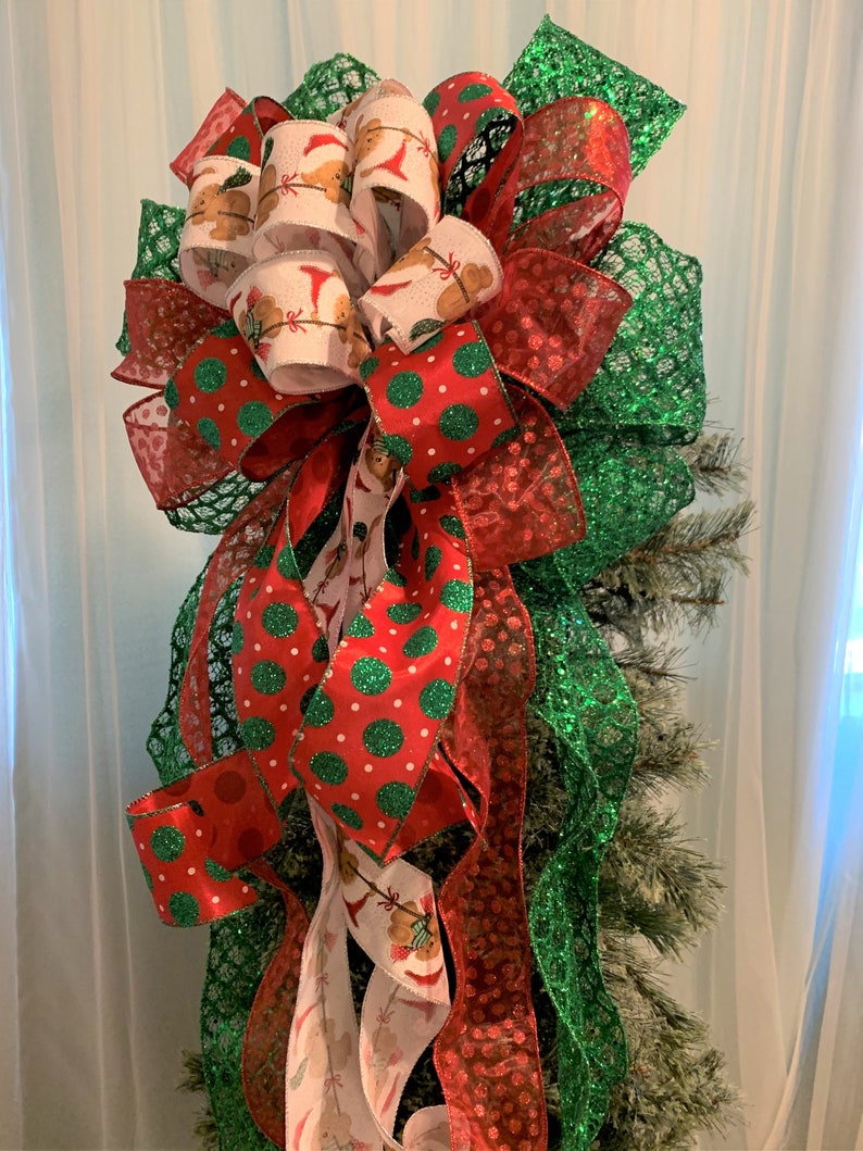 Extra Large Teddy Bear Tree Topper Bow Red and Green - Etsy