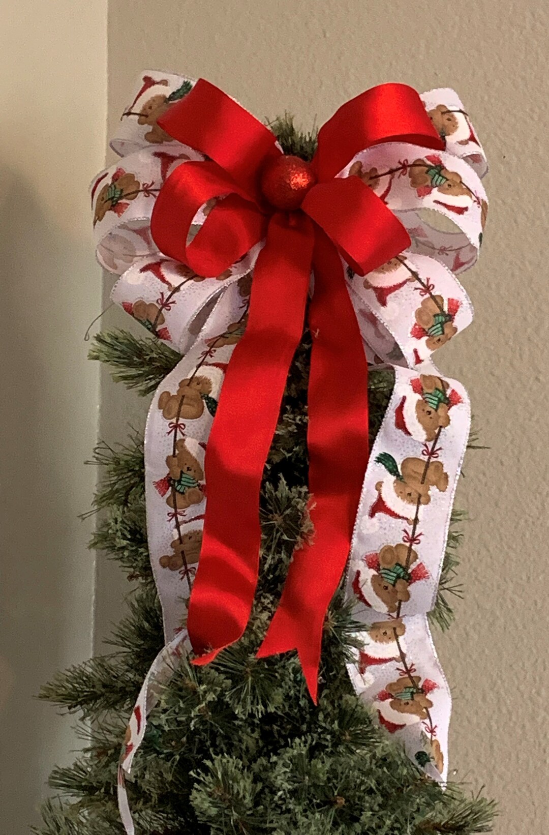 Teddy Bear Tree Topper Bow - Christmas Tree Topper Bow - Red and White ...
