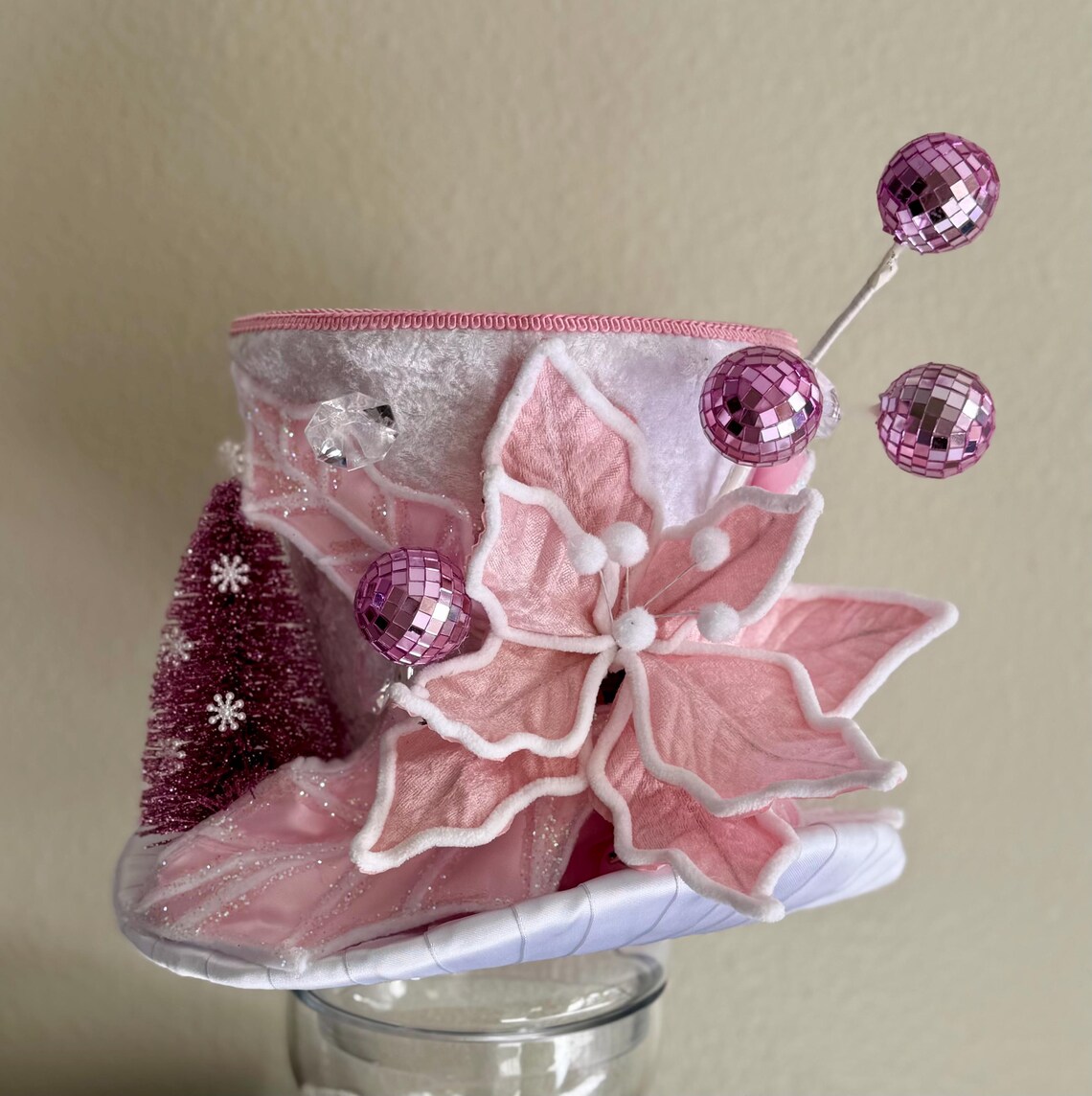 Pink Christmas Top Hat Tree Topper - Whimsical Poinsettia Holiday ...