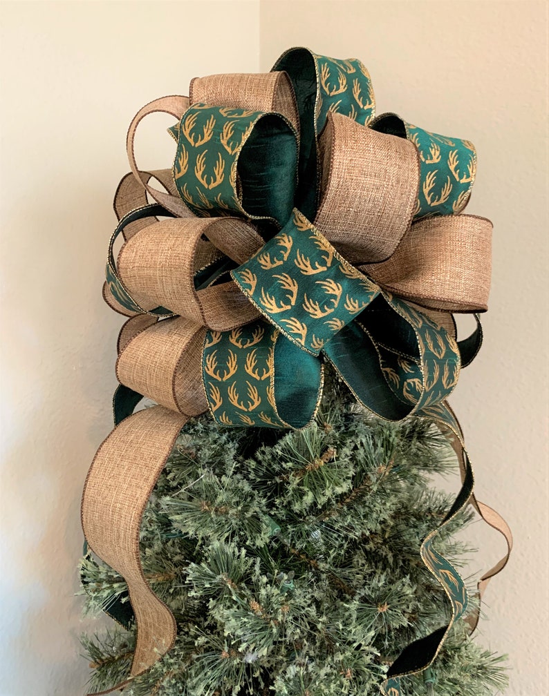 Antler Tree Topper Bow Green and Gold Christmas Tree Topper - Etsy