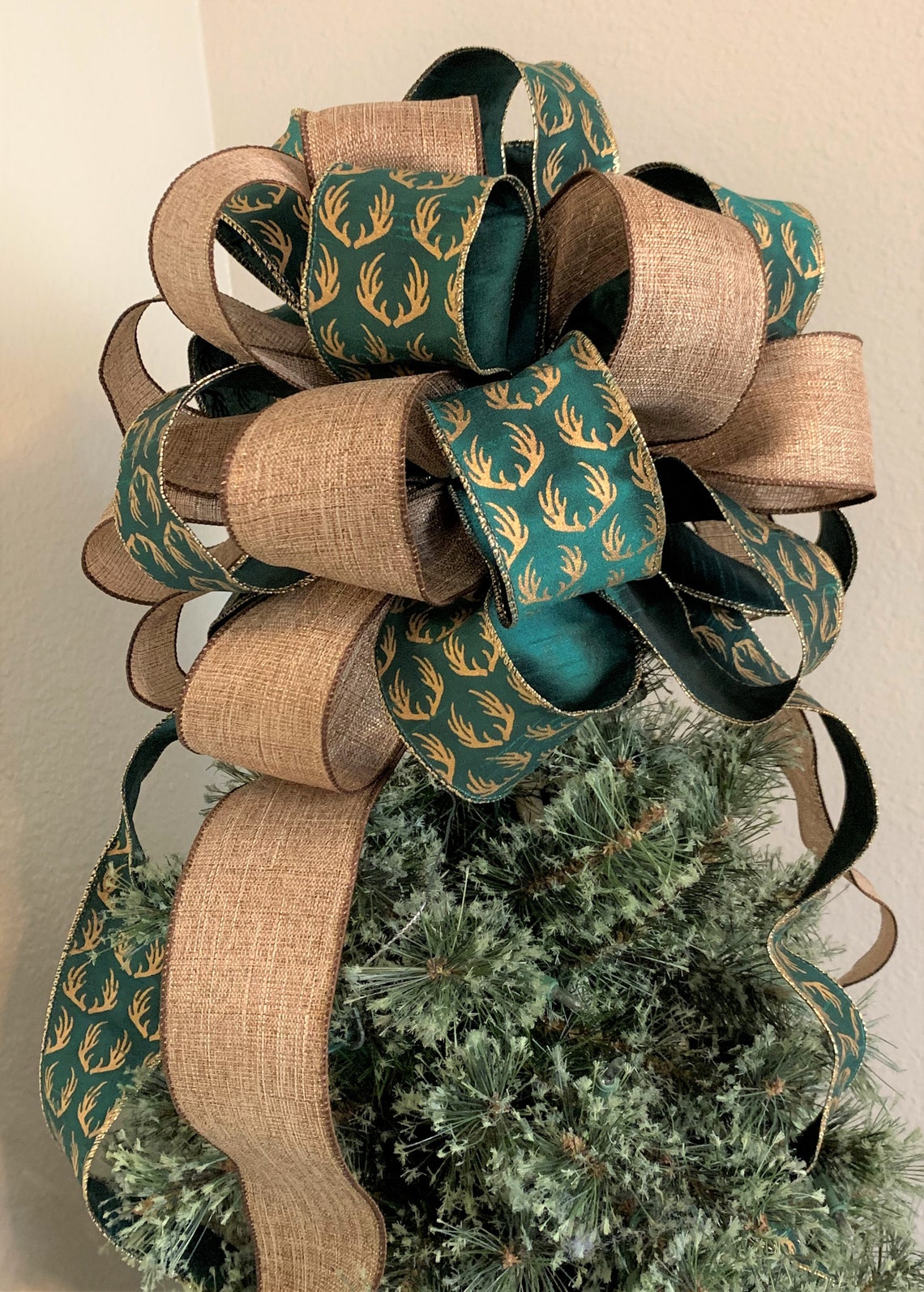 Antler Tree Topper Bow Green and Gold Christmas Tree Topper | Etsy