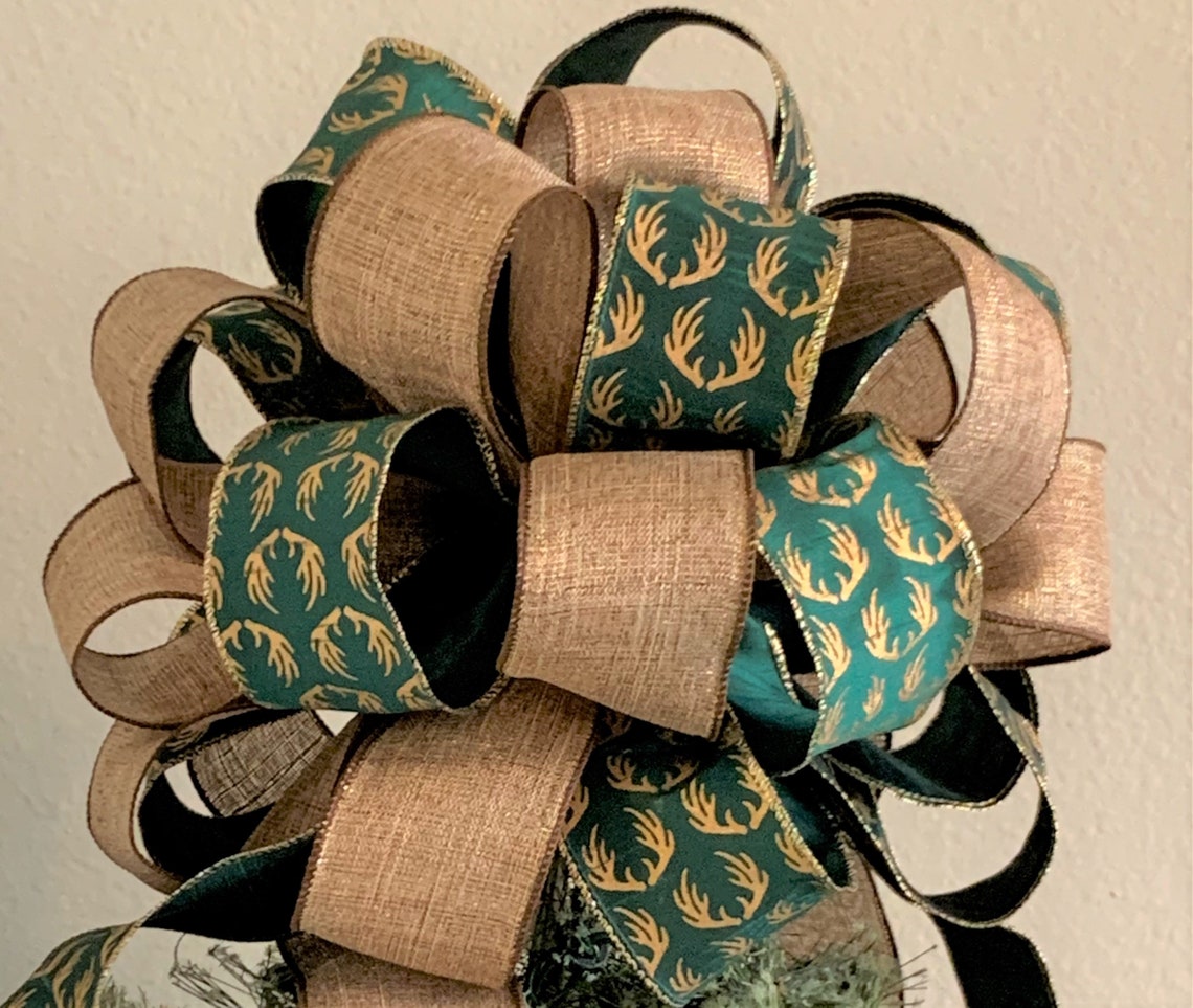 Antler Tree Topper Bow Green and Gold Christmas Tree Topper | Etsy