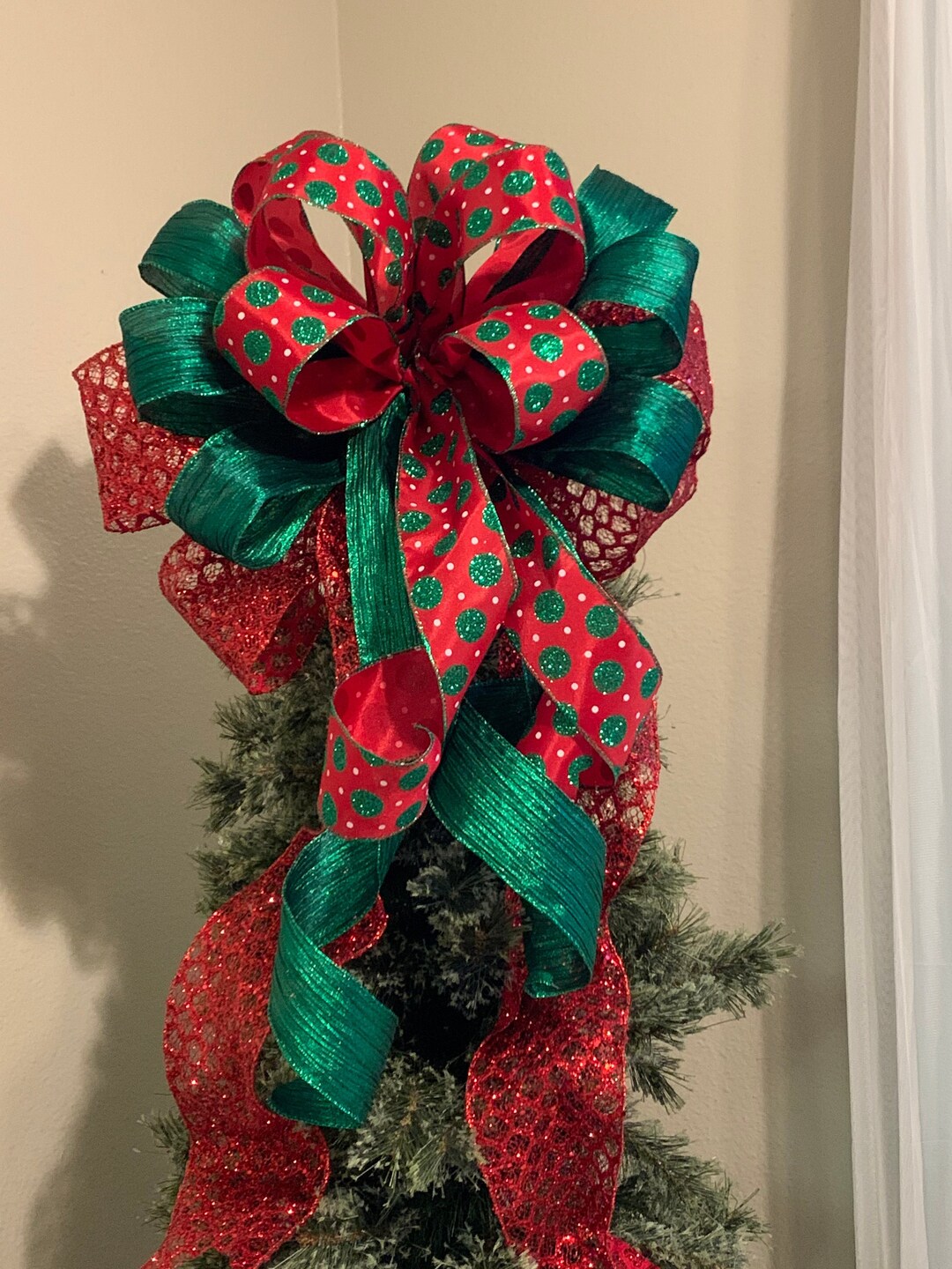 Extra Large Tree Topper, Christmas Tree Topper Bow, Red and Green Polka ...