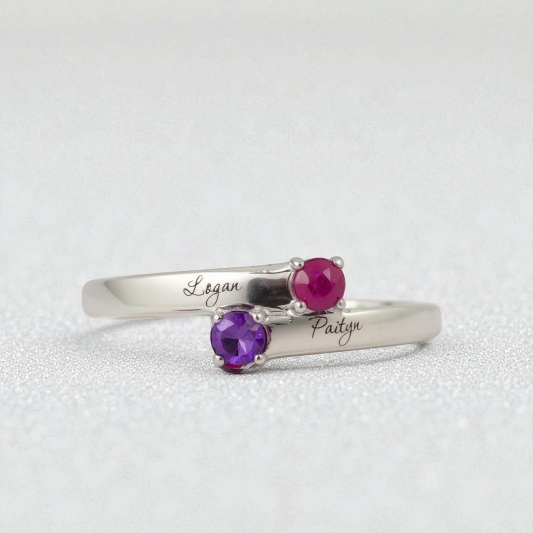Personalized Engraved Name Birthstone 2 Stone Ring for Mother or ...