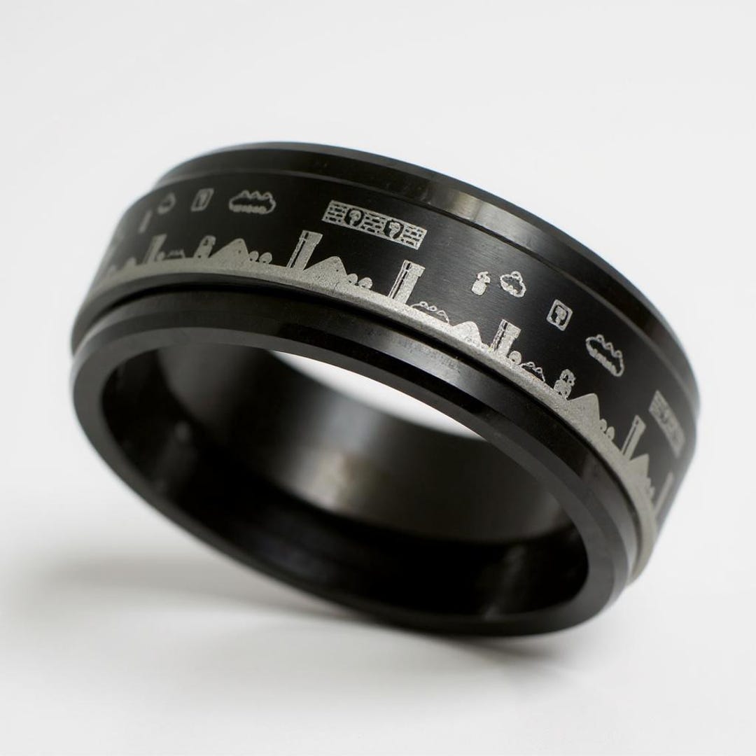 Super Mario Brothers Pixel Engraved Spinner Ring Durable Black 8mm Wide ...
