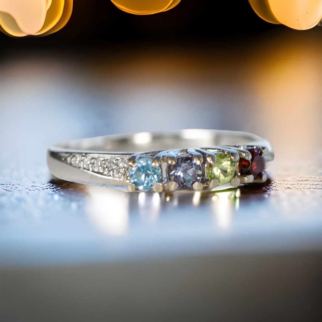 14k White or Yellow Gold Solid Personalized Family Birthstone Genuine ...