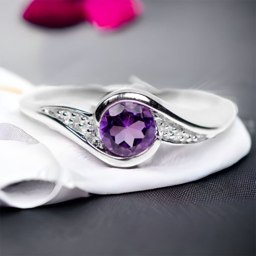 Sterling Silver Round Amethyst and Diamond Accented Swirl Bezel Ring - Etsy