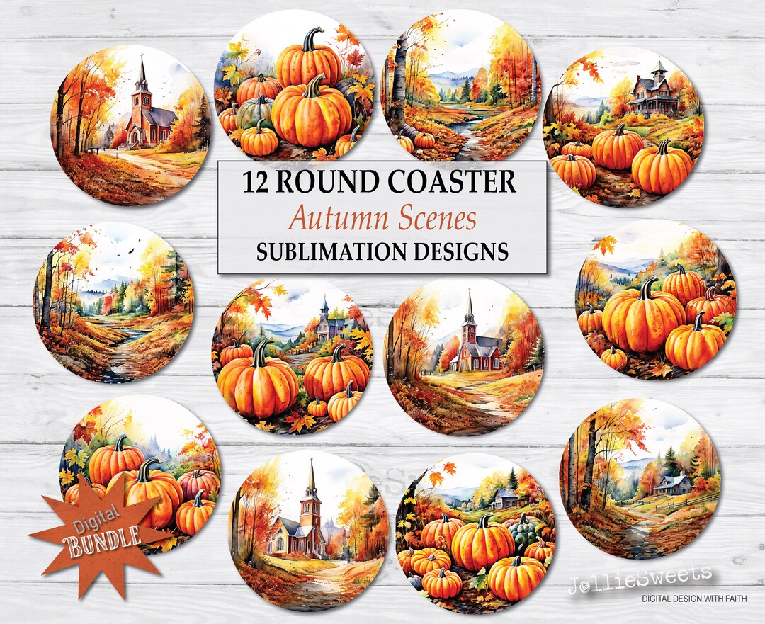 Fall Coasters Autumn Scene Images, Round Coaster PNG Printable, Instant ...