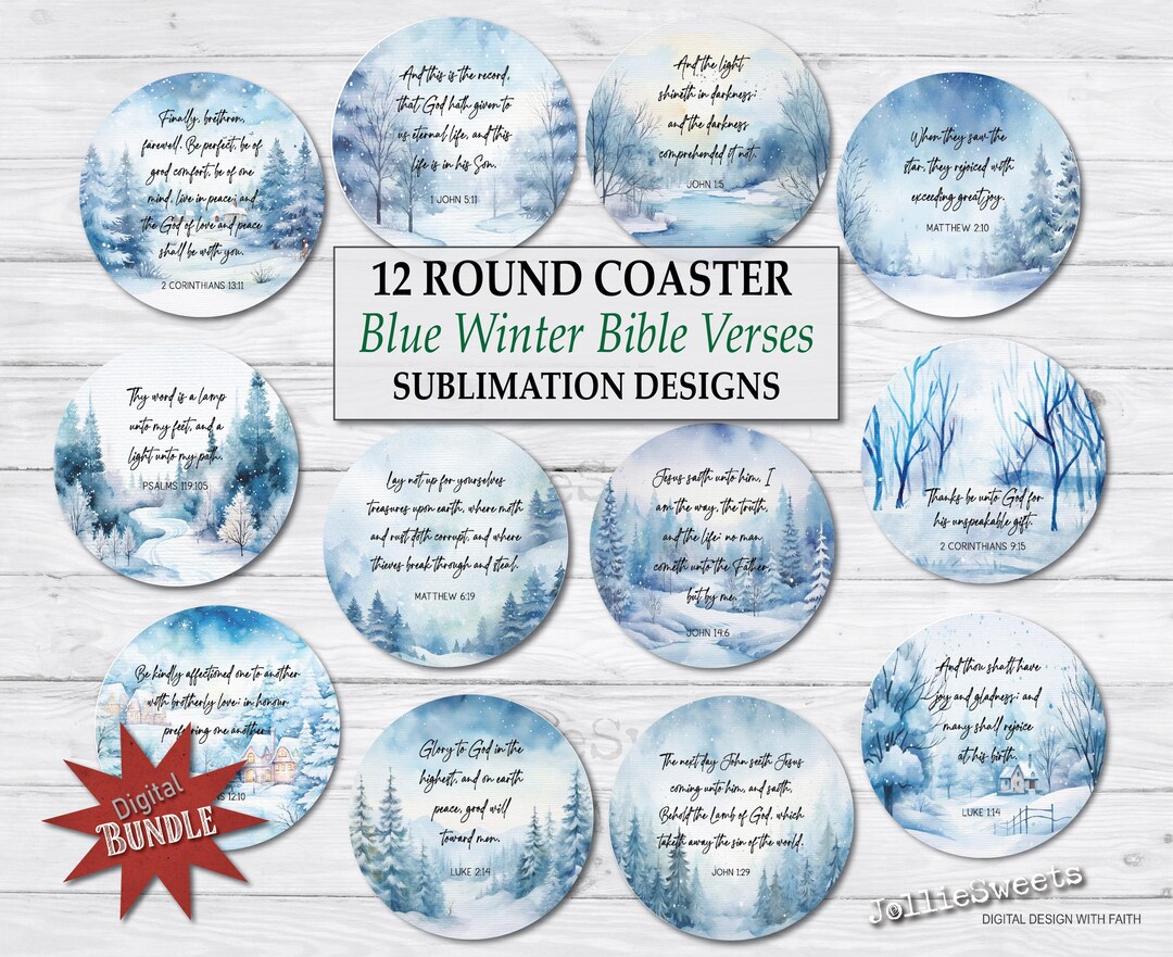 Winter Bible Verse Coaster PNG: Blue Snowy Forest Round Sublimation ...