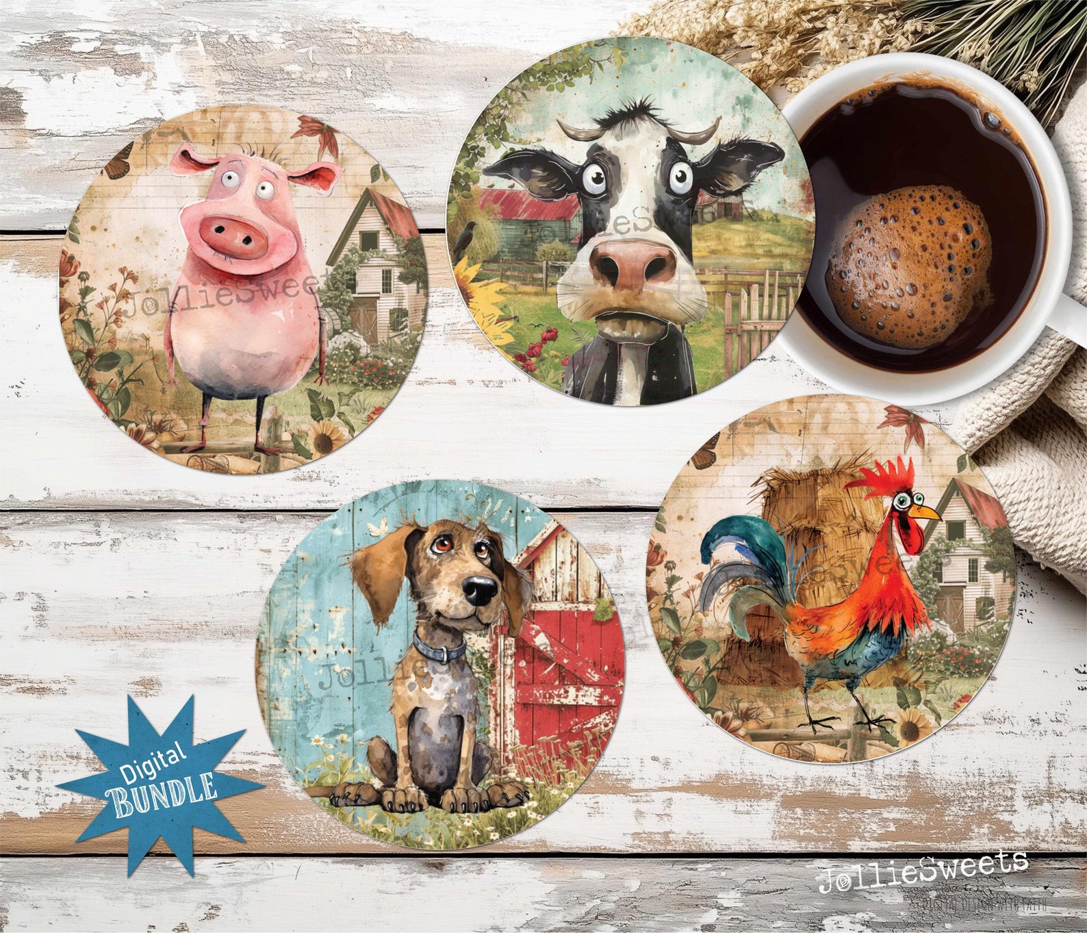 Funny Farm Animals Coaster Set, Quirky Humorous Country Animal Designs ...