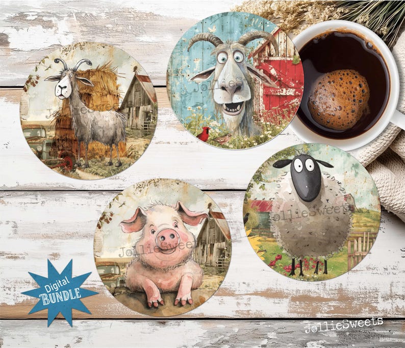 Funny Farm Animals Coaster Set, Quirky Humorous Country Animal Designs ...