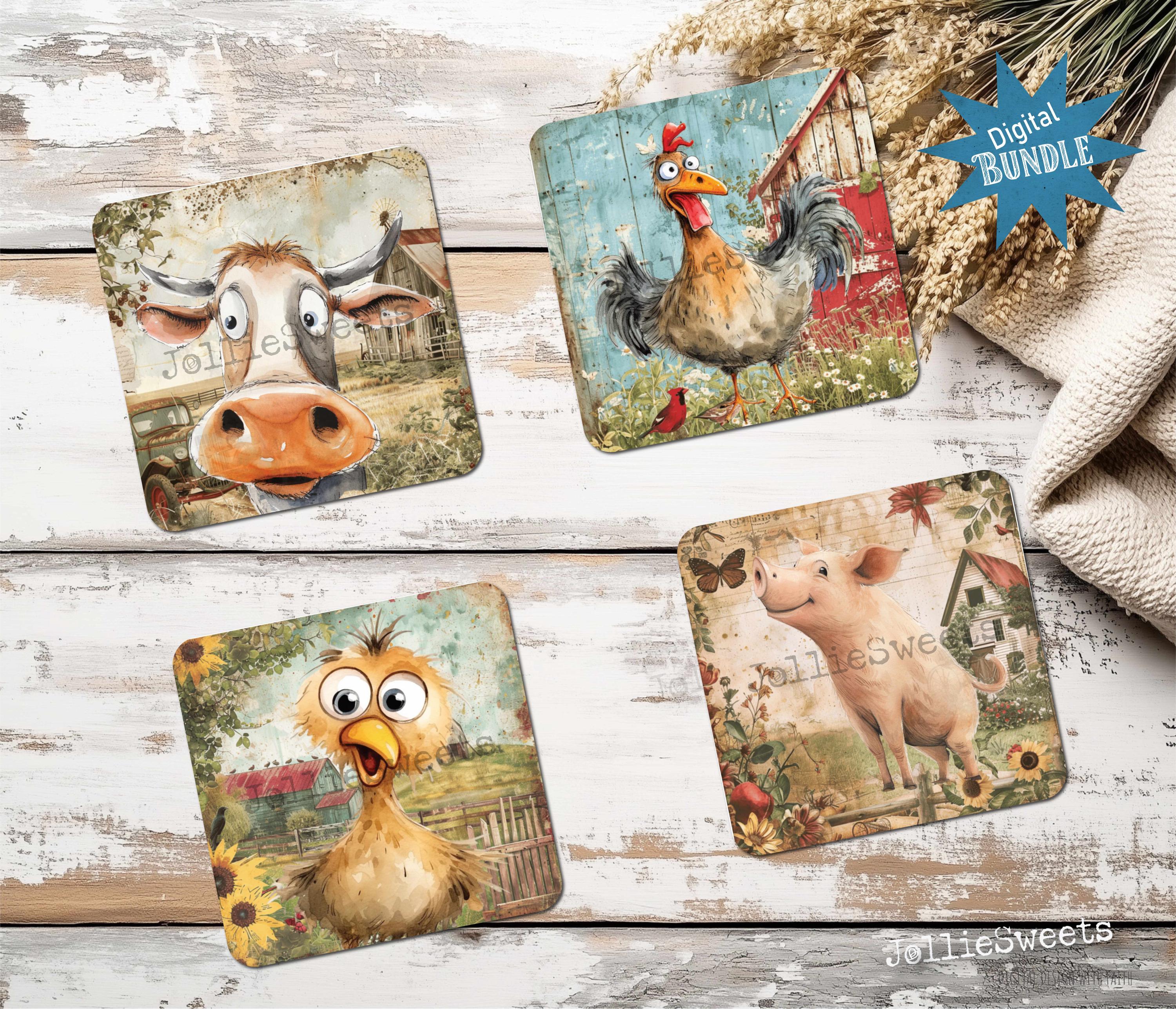 Funny Farm Animals Coaster Set, Quirky Humorous Country Animal Designs ...