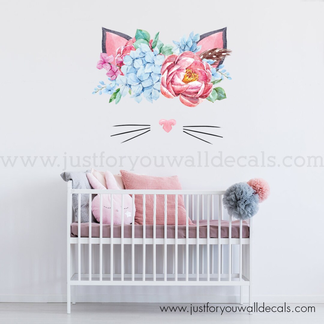 Cat Wall Decal, Kitty Wall Decal, Flower Wall Decal, Floral Wall Decal ...