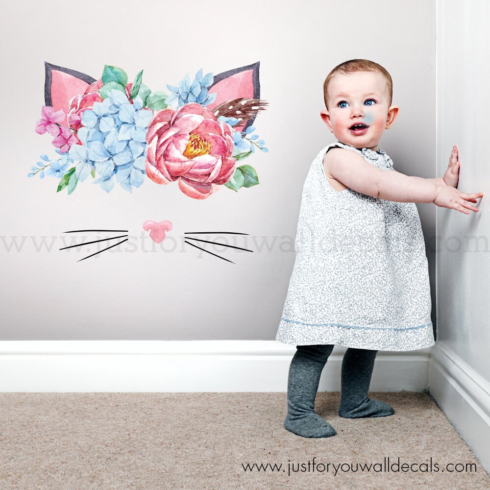 Cat Wall Decal Kitty Wall Decal Flower Wall Decal Floral - Etsy.de