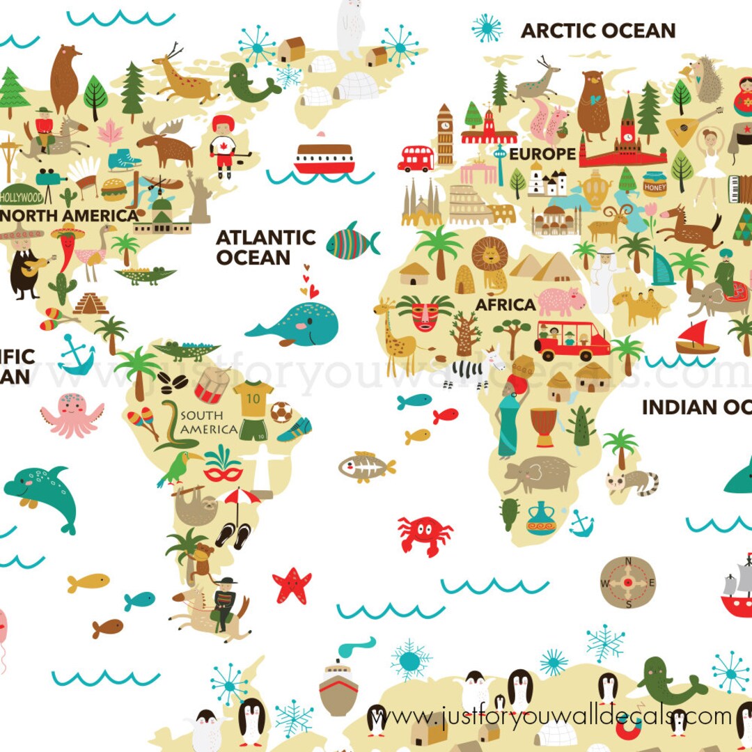 Map of World Wall Decal, Kids Map Wall Decal, Map Wall Decal, Map With ...