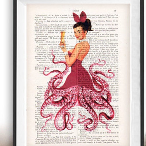 Octopus Tentacles Holding a Red Heart Printed on a Vintage | Etsy