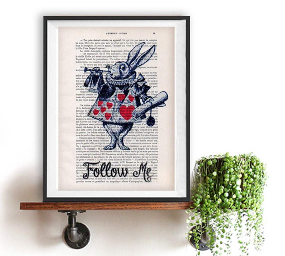 Alice Wonderland Follow Me Rabbit Print Print Art Poster Vintage Book ...
