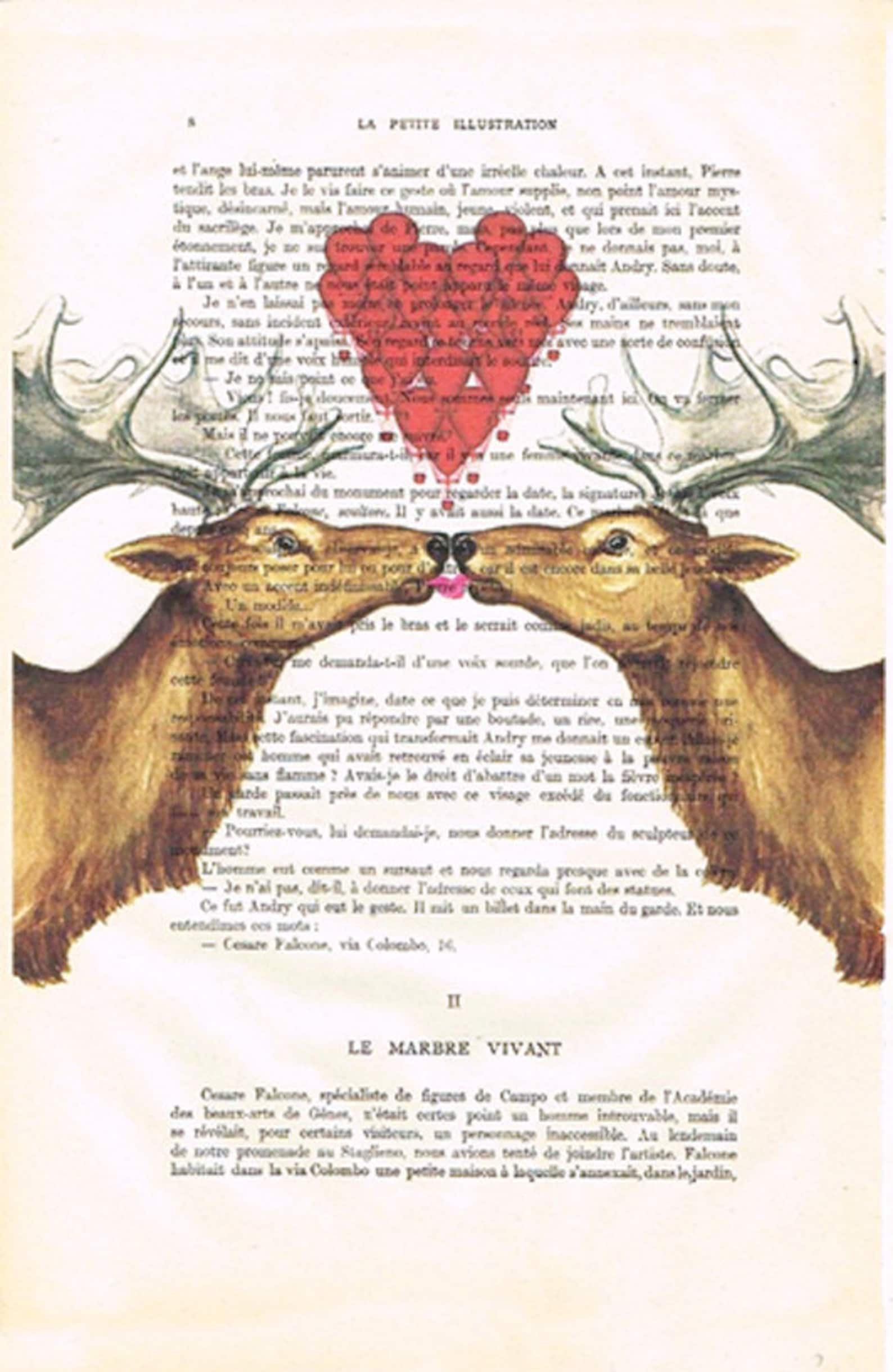 Moose in Love Art Print on Real French Vintage Paper From - Etsy