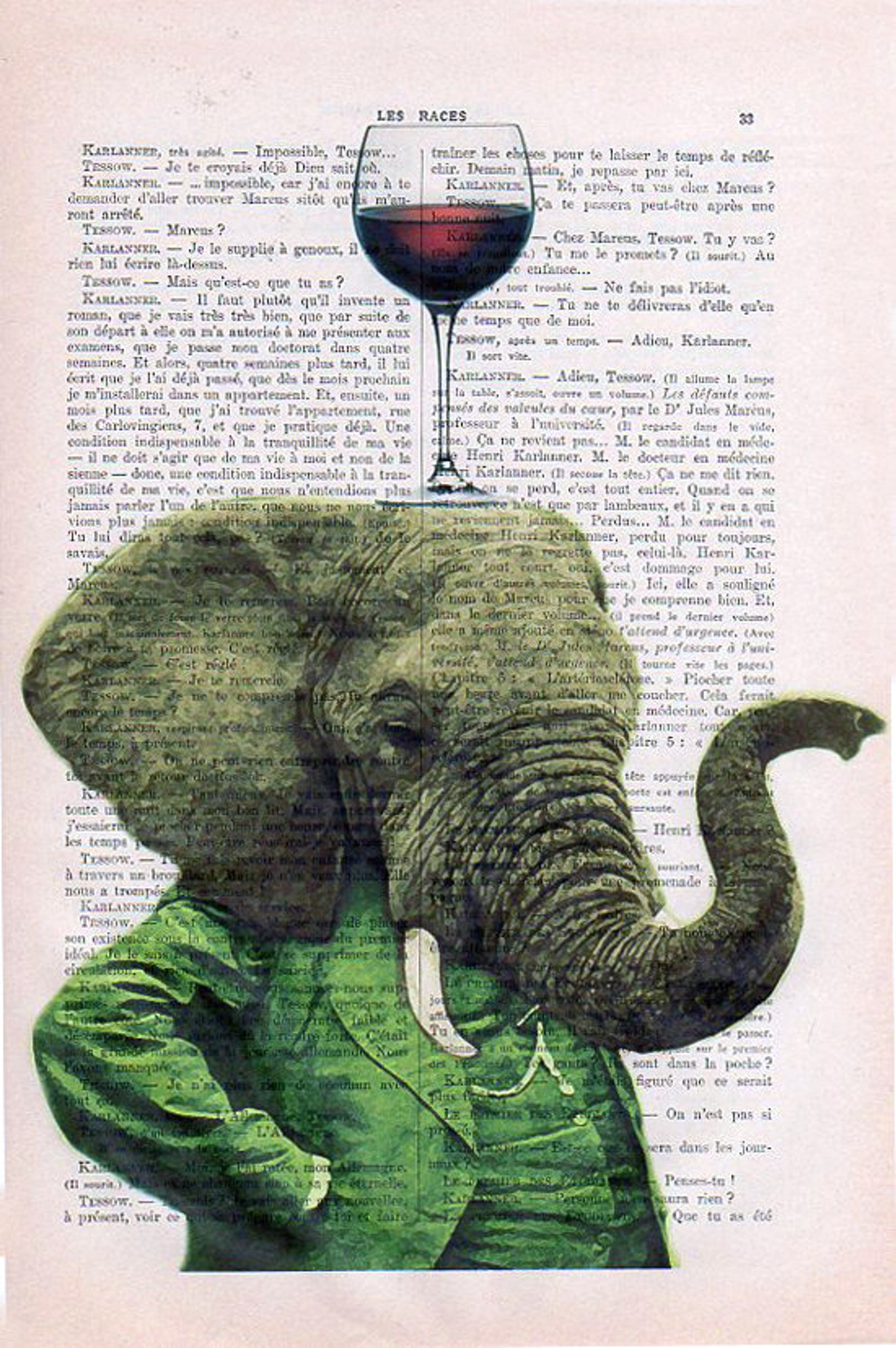 Elephant Print Elephant With Wine Glass French Design Black | Etsy