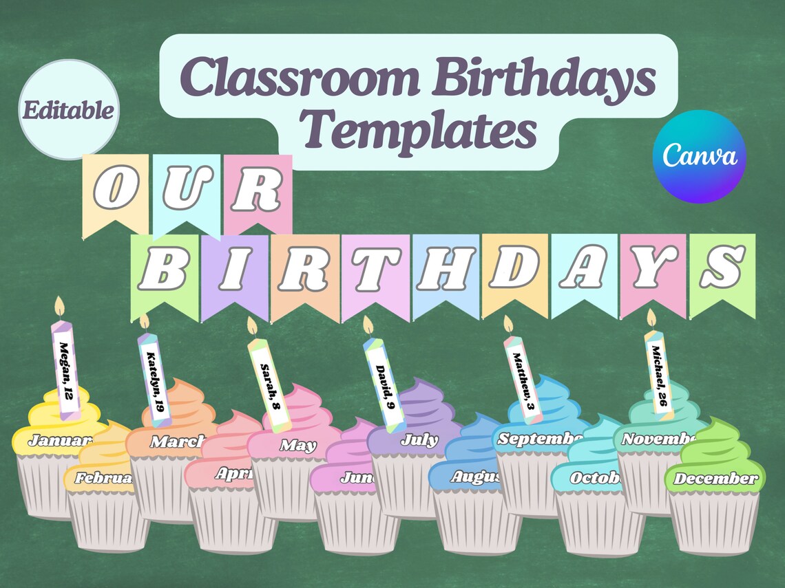 CUPCAKE CLASSROOM BIRTHDAYS Template Student Birthday Banner Teacher ...
