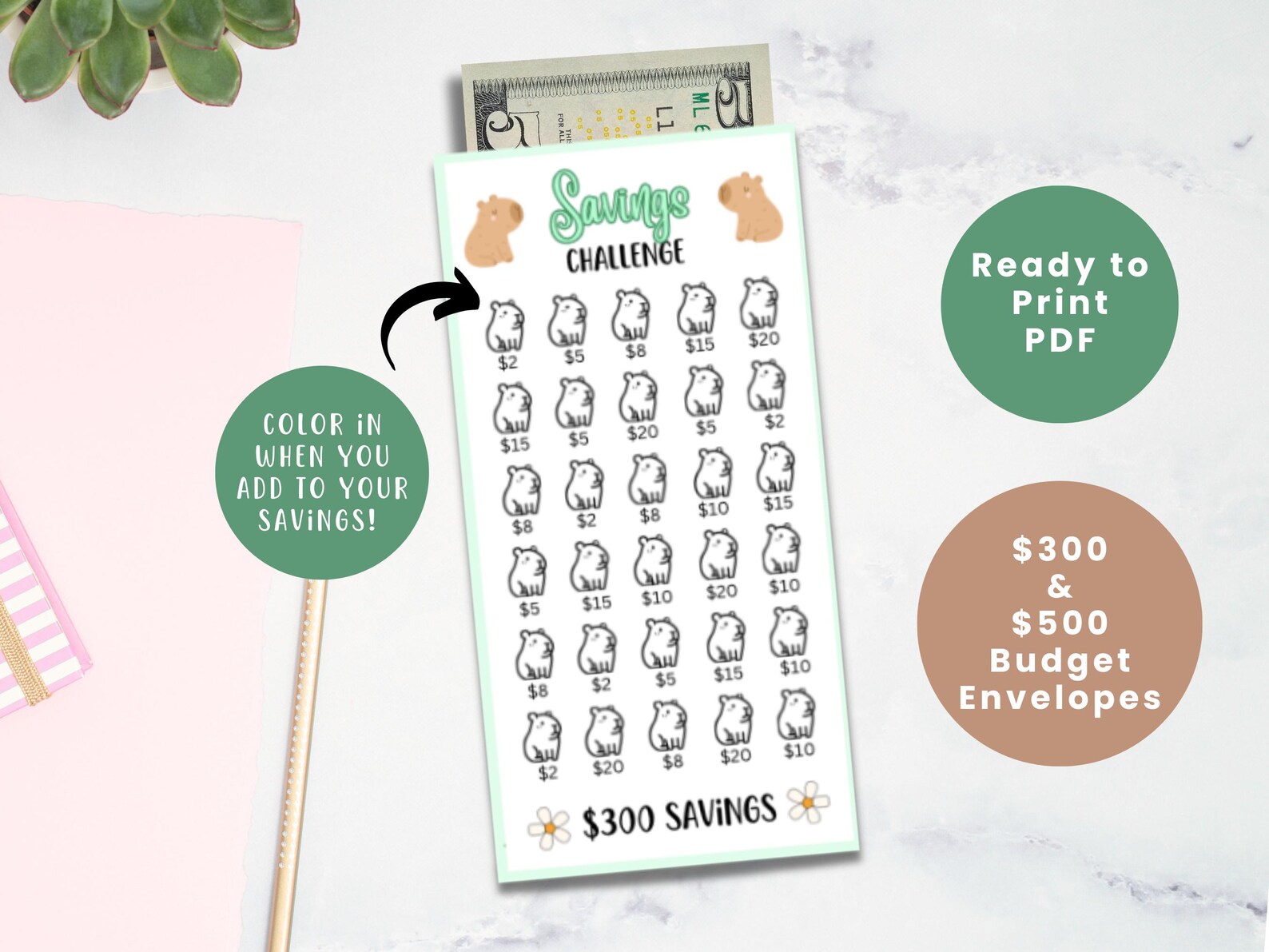 CAPYBARA CASH ENVELOPES | Printable Money Challenge | Budgeting Goal ...