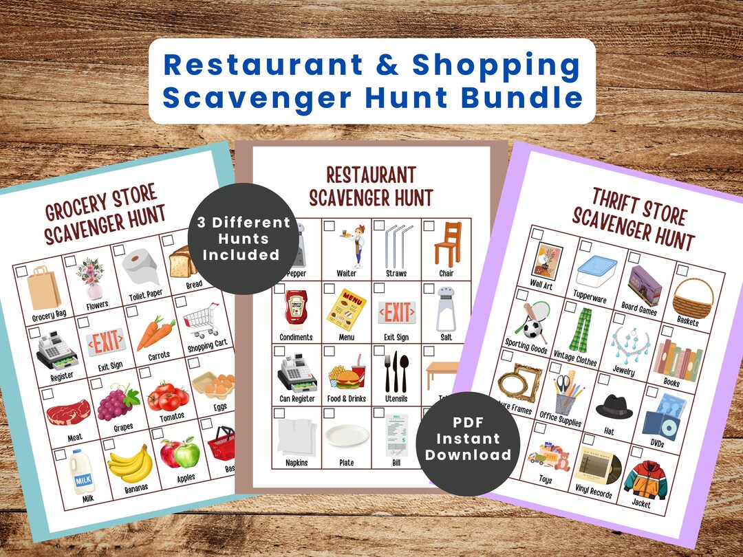 Kids Scavenger Hunt Bundle: Restaurant, Grocery, Thrift Store (PDF ...