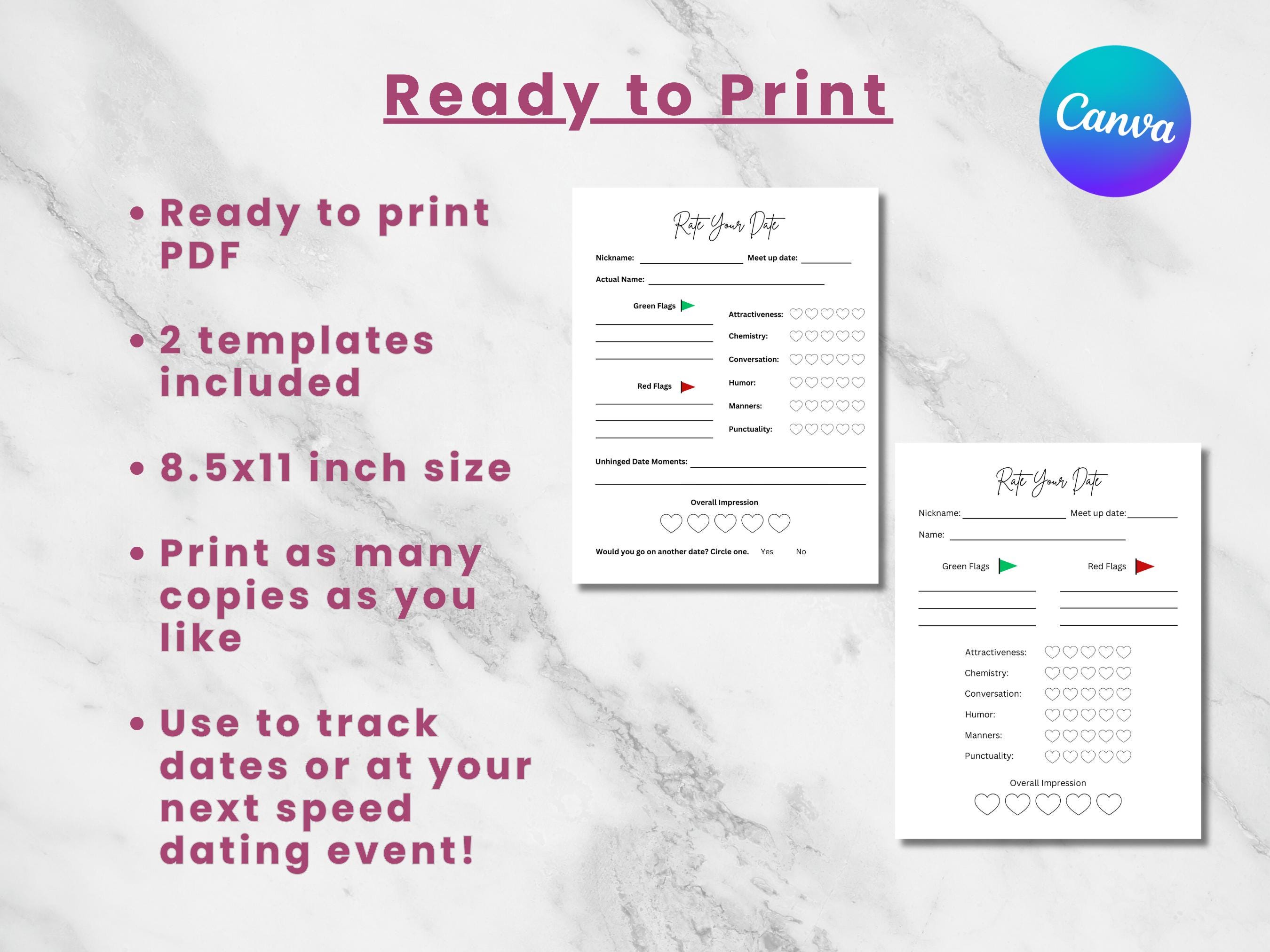 RATE YOUR DATE Templates | Ready to Print Date Evaluation | Dating ...