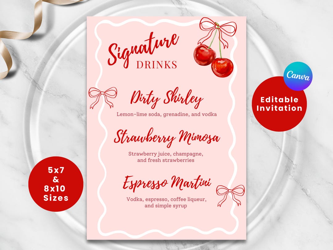 CHERRY DRINKS MENU | Pink and White Wavy Adult Drink Sign | Signature ...