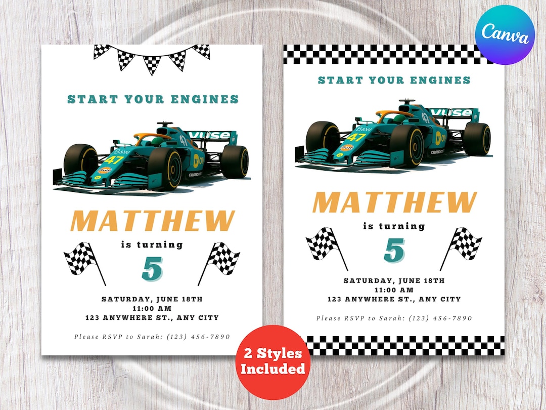 RACE CAR BIRTHDAY Invitation | F1 Party Invites | Kids Birthday ...