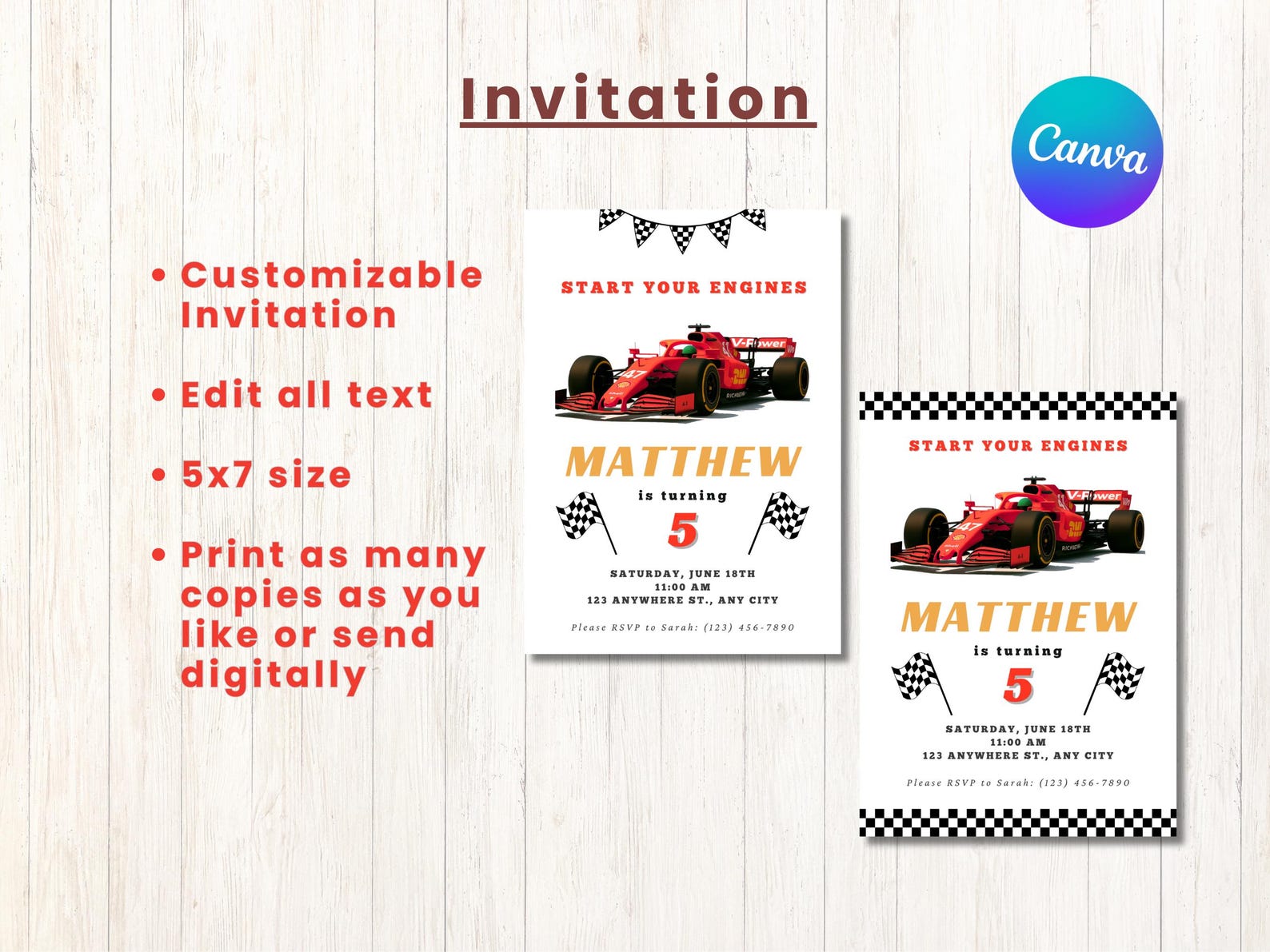 RACE CAR BIRTHDAY Invitation | F1 Party Invites | Kids Birthday ...