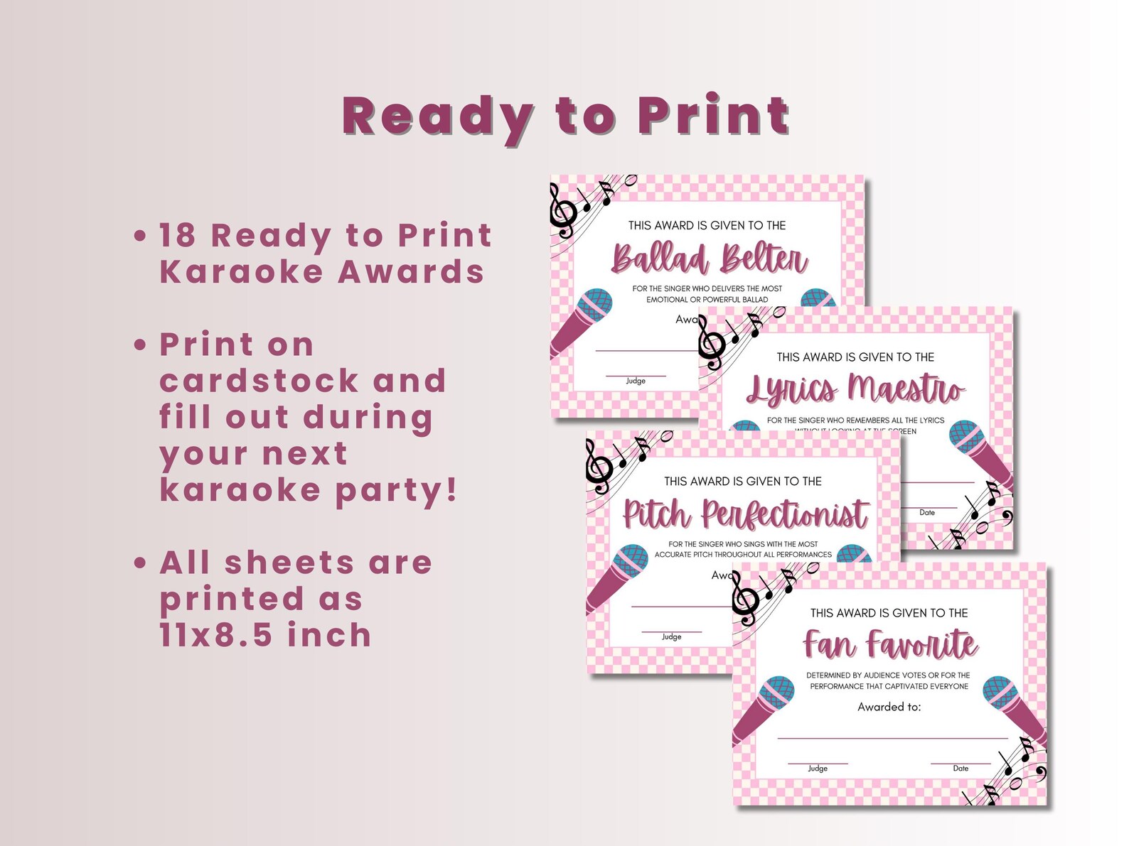 18 KARAOKE AWARD CERTIFICATES | Pink Checkered | Fun Karaoke Night ...