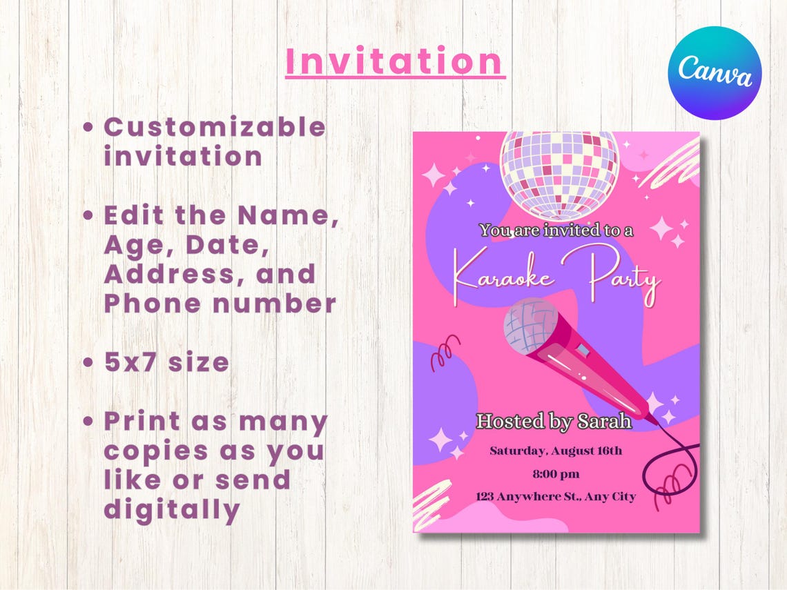 PINK DISCO KARAOKE Party Invitation | Girls Karaoke Invite | Singing ...
