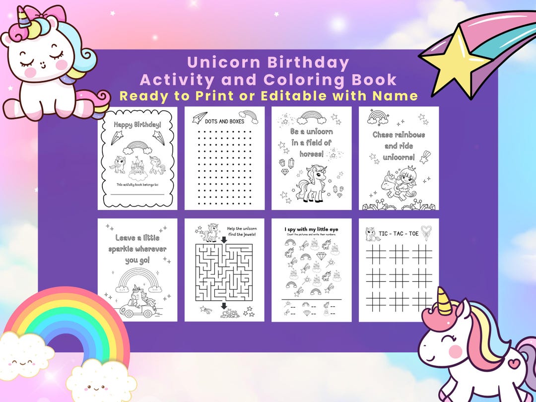 Unicorn BIRTHDAY ACTIVITY COLORING Book | Unicorn Birthday Games ...