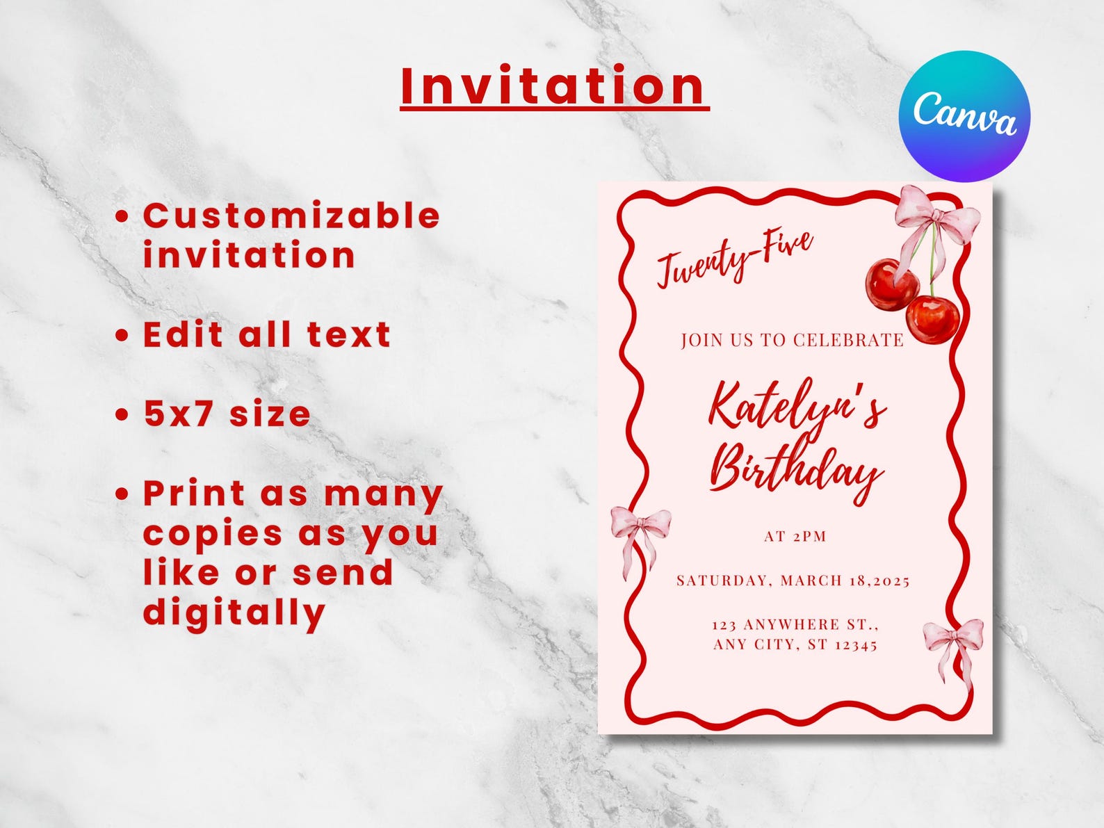 CHERRY BIRTHDAY INVITATION | Pink Adult Birthday Invite | Cherries ...