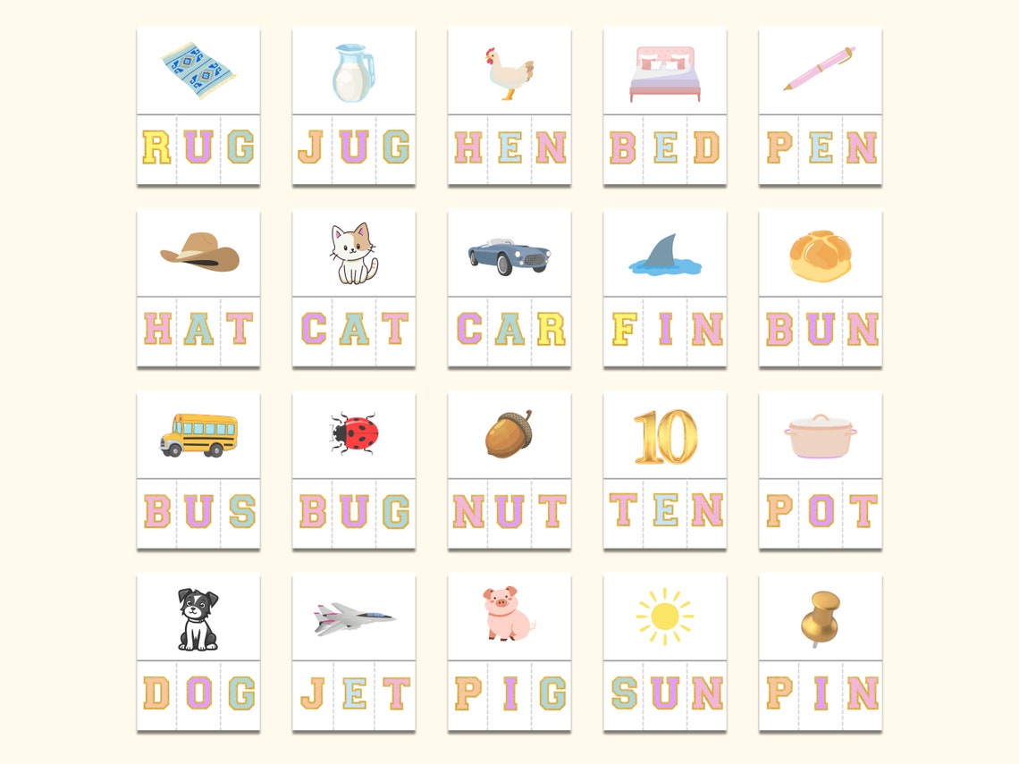 WORD FLASH CARDS Three Letter Word Phonics Homeschool Learning Colorful ...