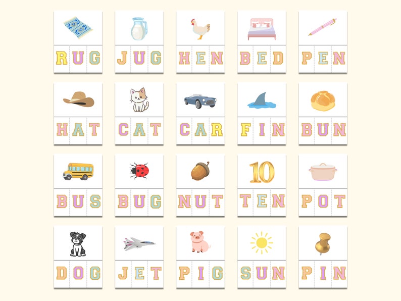 WORD FLASH CARDS Three Letter Word Phonics Homeschool Learning Colorful ...