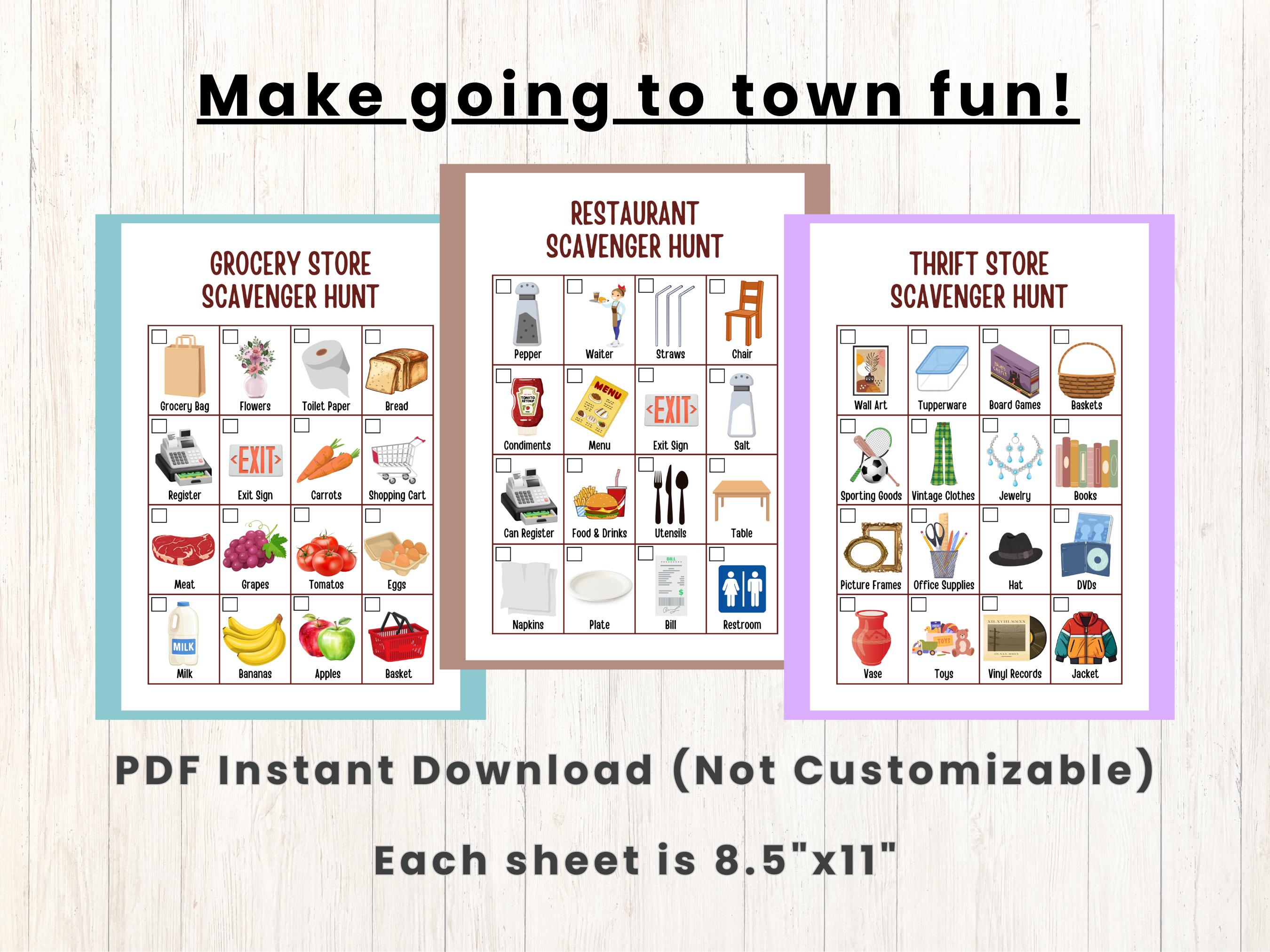 Kids Scavenger Hunt Bundle: Restaurant, Grocery, Thrift Store (PDF ...