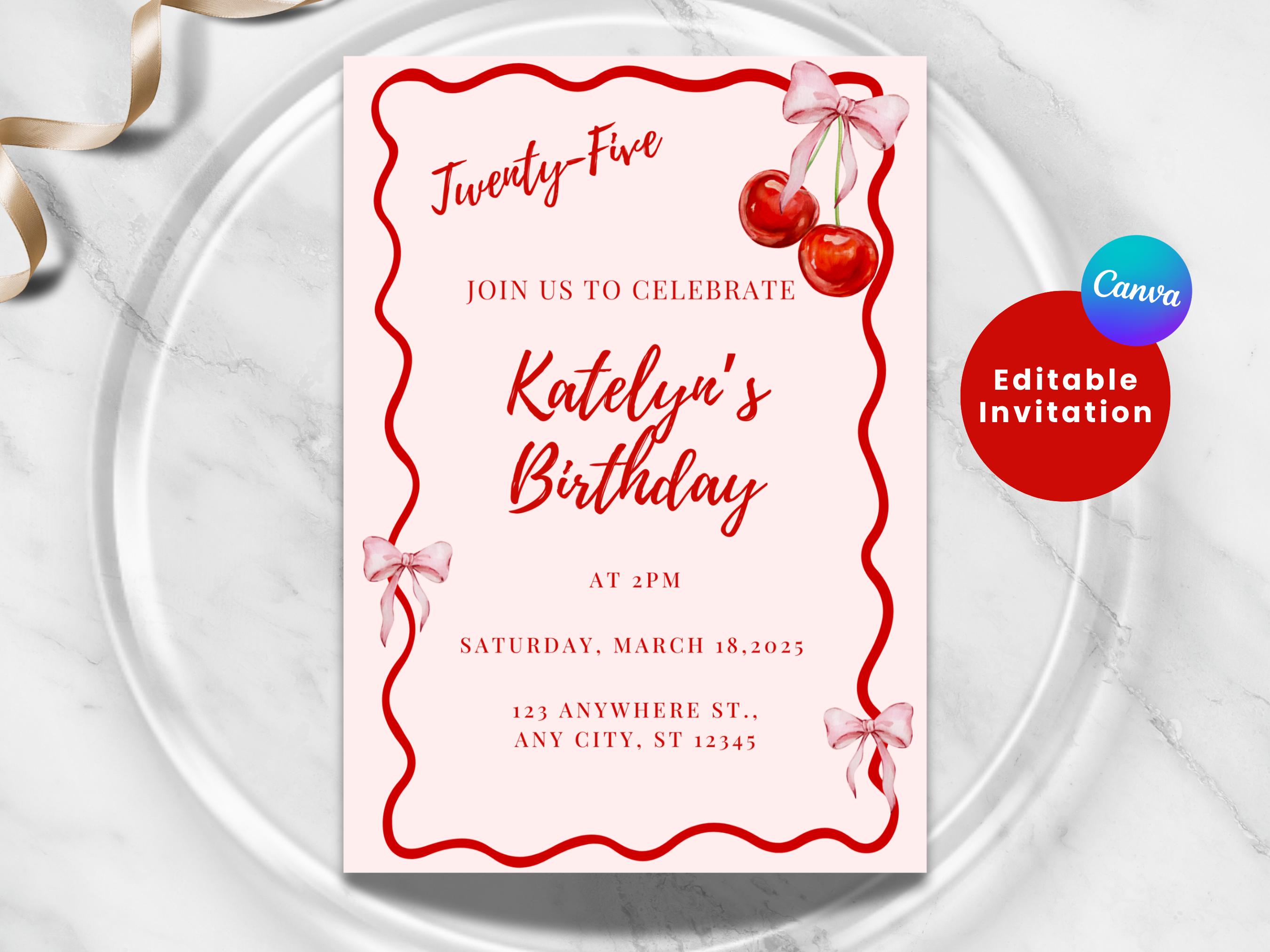 CHERRY BIRTHDAY INVITATION | Pink Adult Birthday Invite | Cherries ...