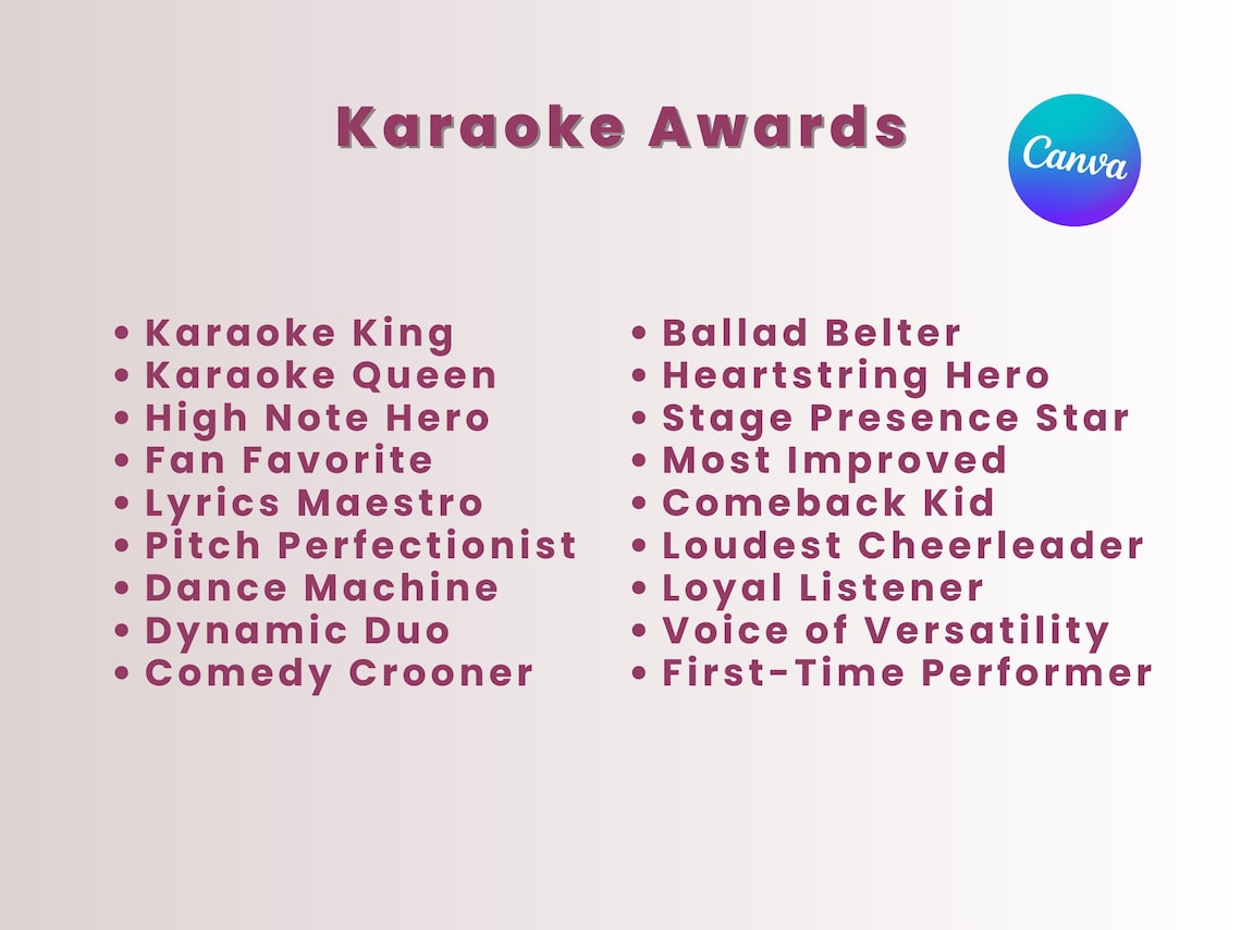 18 KARAOKE AWARD CERTIFICATES | Pink Checkered | Fun Karaoke Night ...