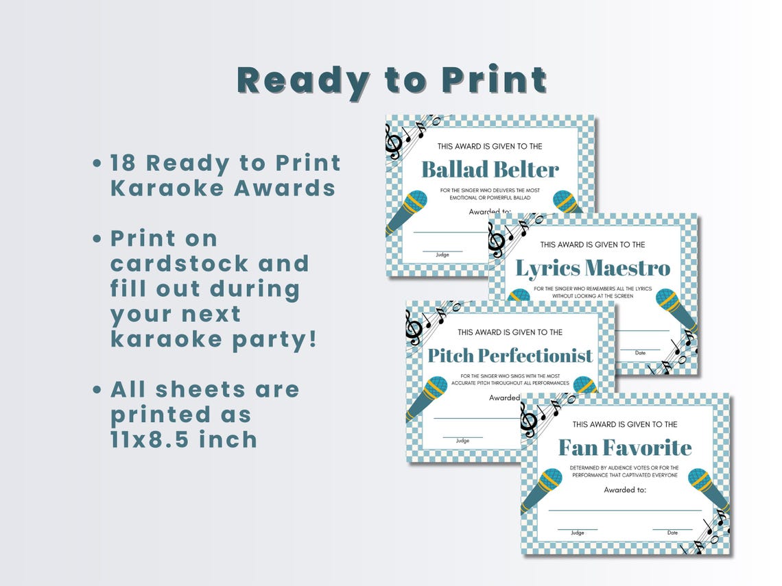 18 KARAOKE AWARD CERTIFICATES | Blue Checkered | Fun Karaoke Night ...