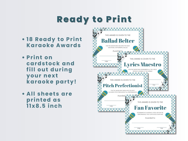 18 KARAOKE AWARD CERTIFICATES | Blue Checkered | Fun Karaoke Night ...