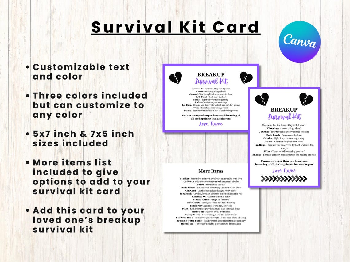 Breakup Survival Kit Card | Healing Gift Template | Care Package Gift ...
